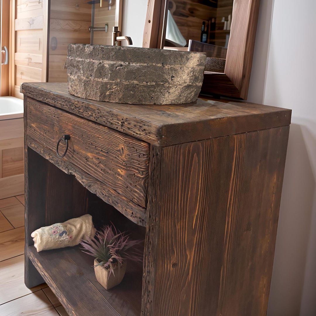 Rustic Wooden Bathroom Vanity – Custom Handmade Farmhouse Sink Shelf, Live Edge Wood Cabinet - Etsy