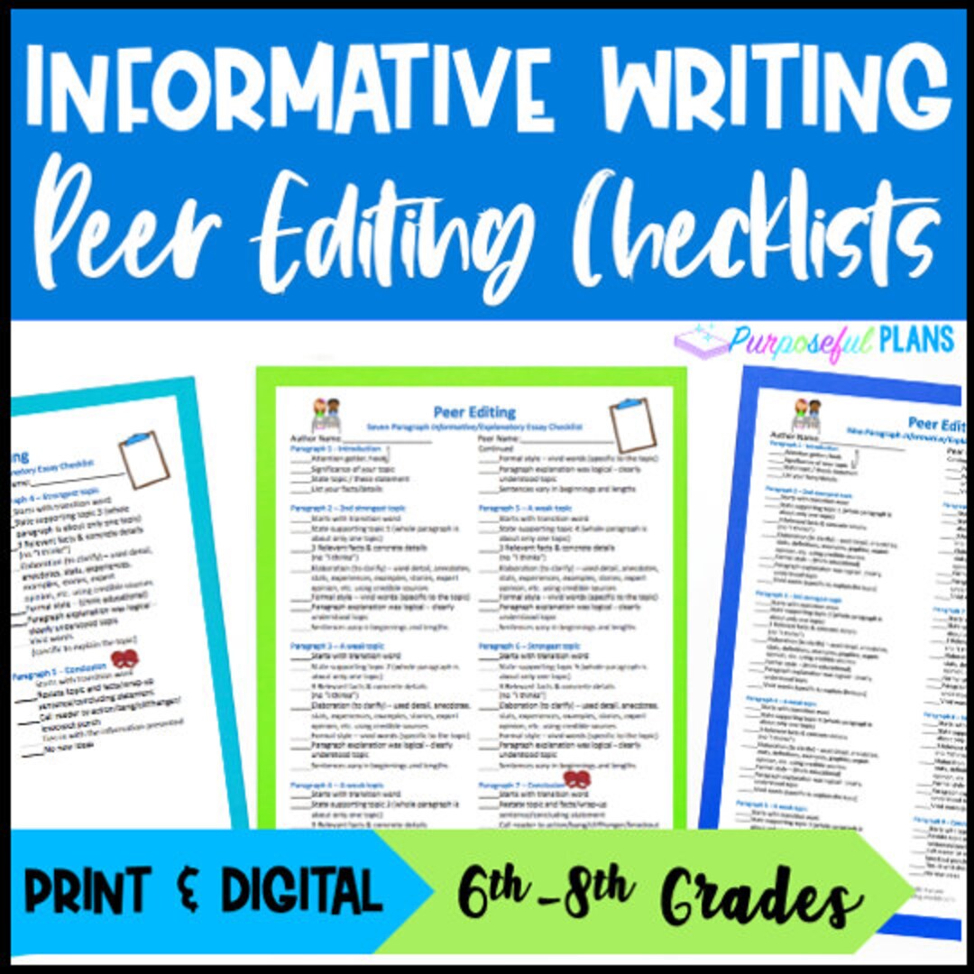 EDITABLE Peer Editing Checklist - Informative - Expository Writing Peer Review for 6th - 8th - Etsy