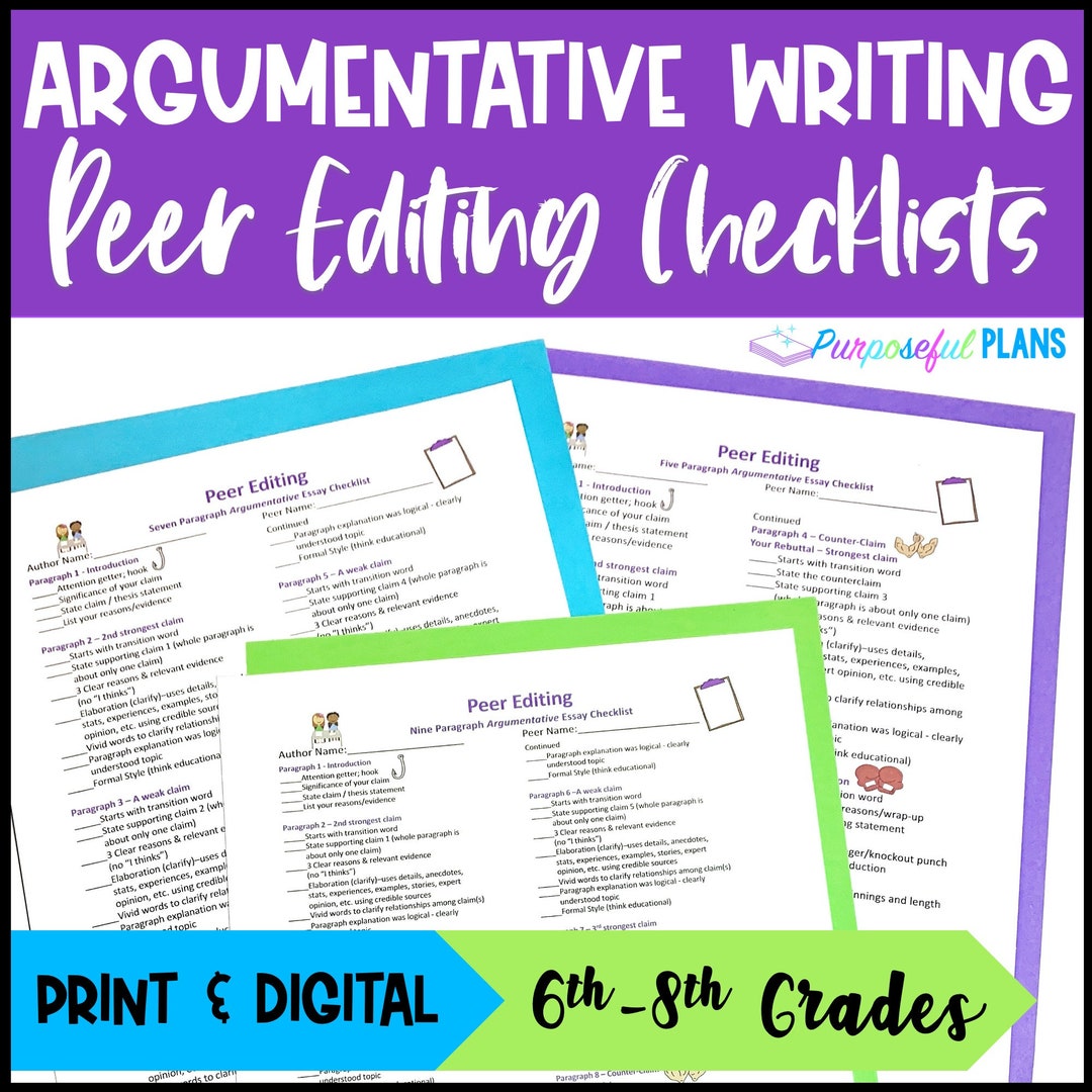EDITABLE Peer Editing Checklist - 3 Argumentative Writing Peer Review ...