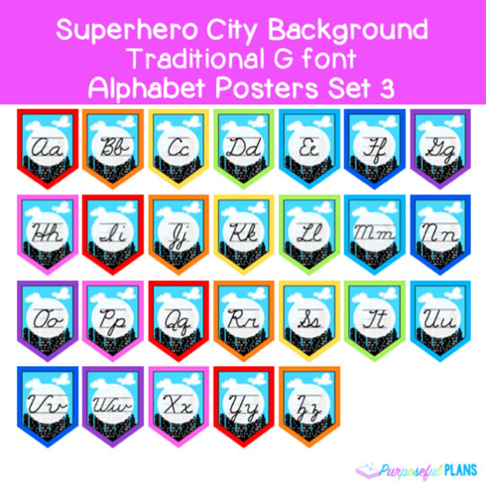 Editable Superhero City Cursive Alphabet Poster Cards - Classroom Decor ...