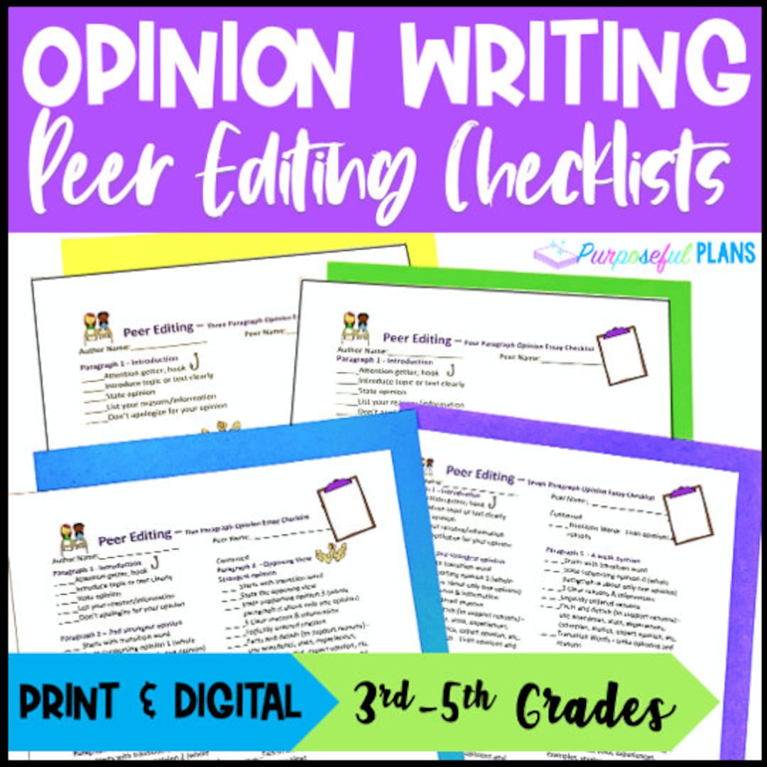 EDITABLE Peer Editing Checklists - Opinion Writing Peer Review for 3rd ...