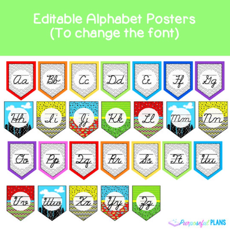 Editable Superhero Cursive Alphabet Poster Cards - Classroom Decor Wall ...