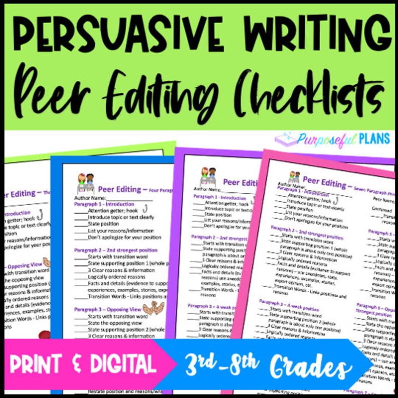 EDITABLE Peer Editing Checklist - 4 Persuasive Writing Peer Review for ...