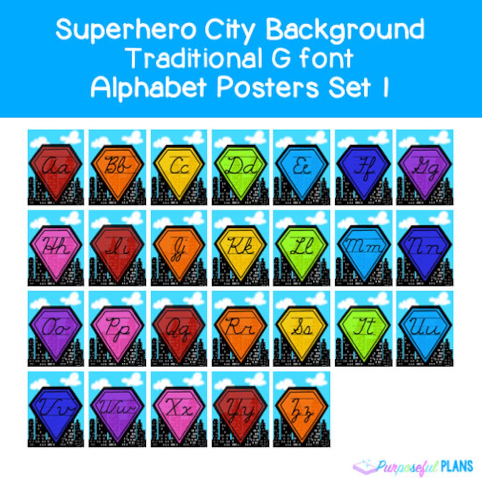 Editable Superhero City Cursive Alphabet Poster Cards - Classroom Decor ...