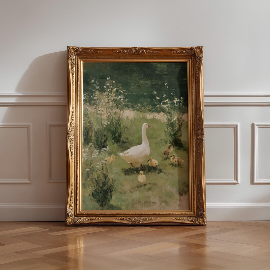 White Goose and Goslings Oil Painting Print, Rustic Vintage Bird Print ...