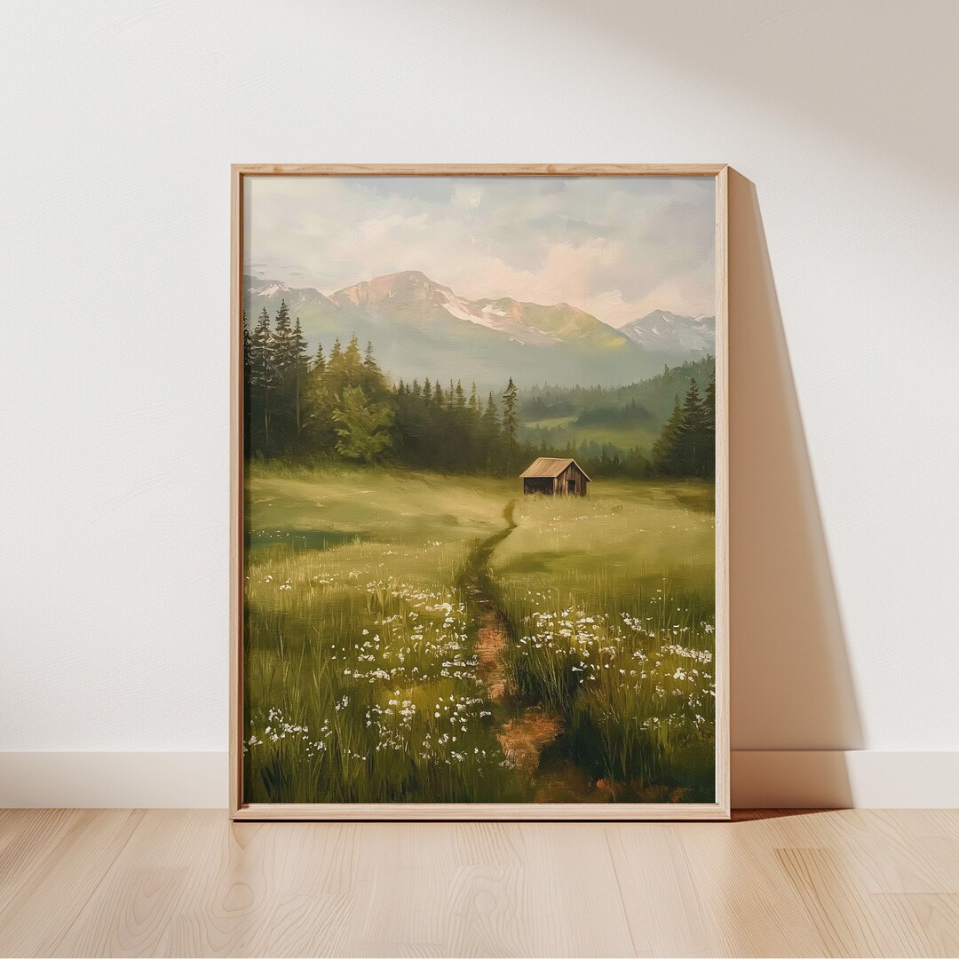 Rustic Cabin in Mountain Oil Painting | Meadow Landscape Art ...