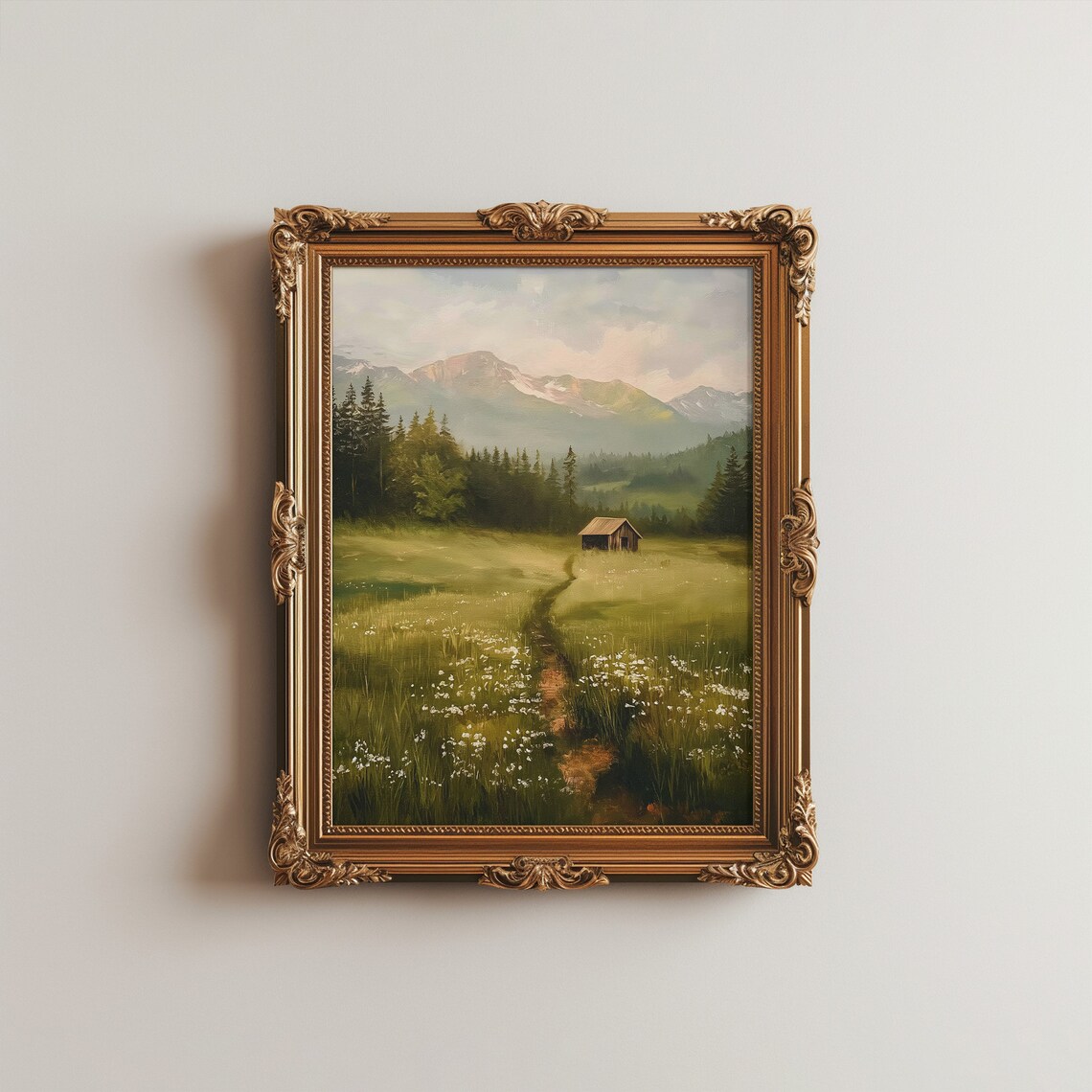 Rustic Cabin in Mountain Oil Painting Meadow Landscape Art Fine Art ...