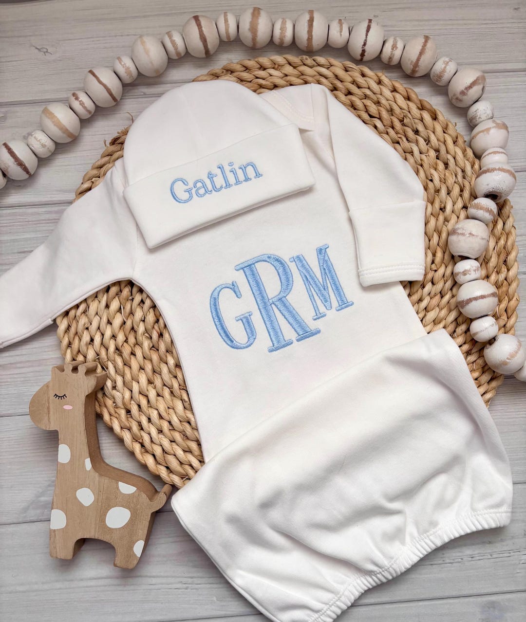 Baby Boy Gift Outfit Personalized Embroidered Gown Hat Initial Monogram ...