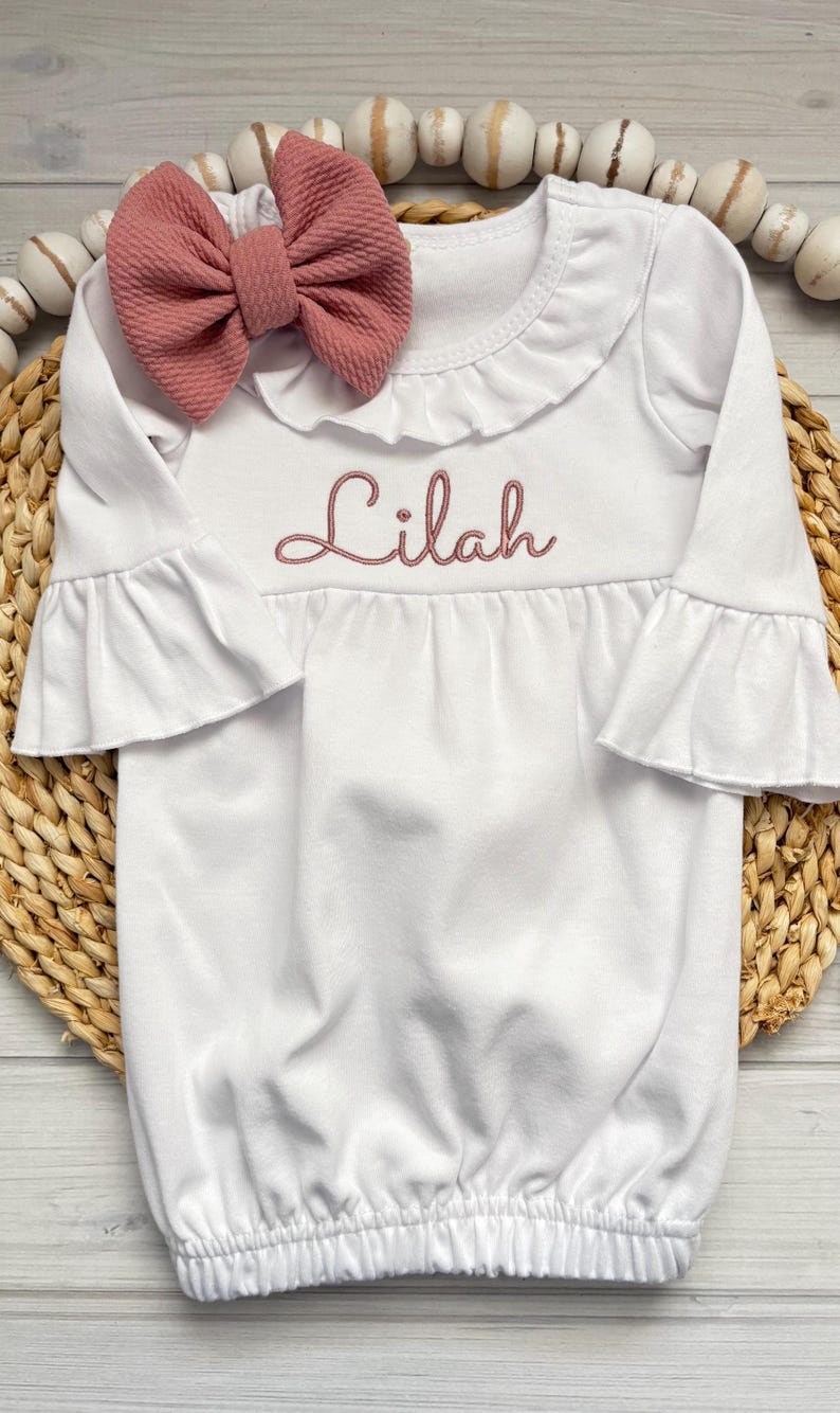 Personalized Baby Girl Ruffled Cotton Gown Bow Embroidered Monogram - Etsy