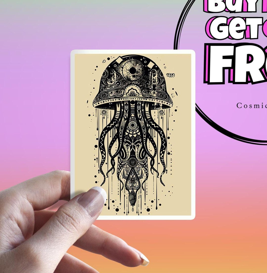 Jellyfish Ink Art Sticker: Deep Ocean Creature Waterproof Black & White ...