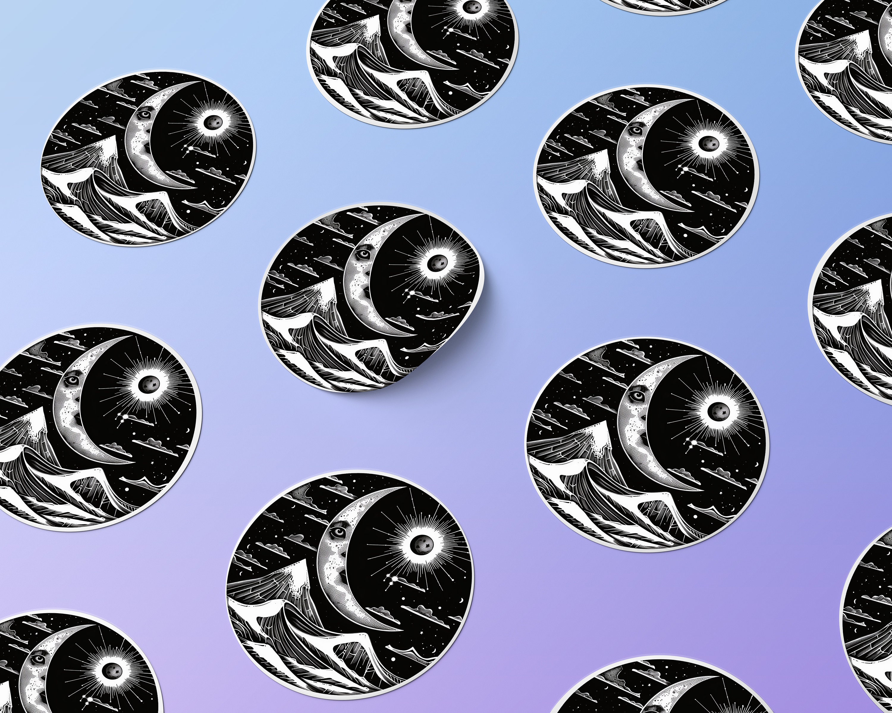 Crescent Moon Sticker: Trippy Night Sky Waterproof Surrealist Sticker ...
