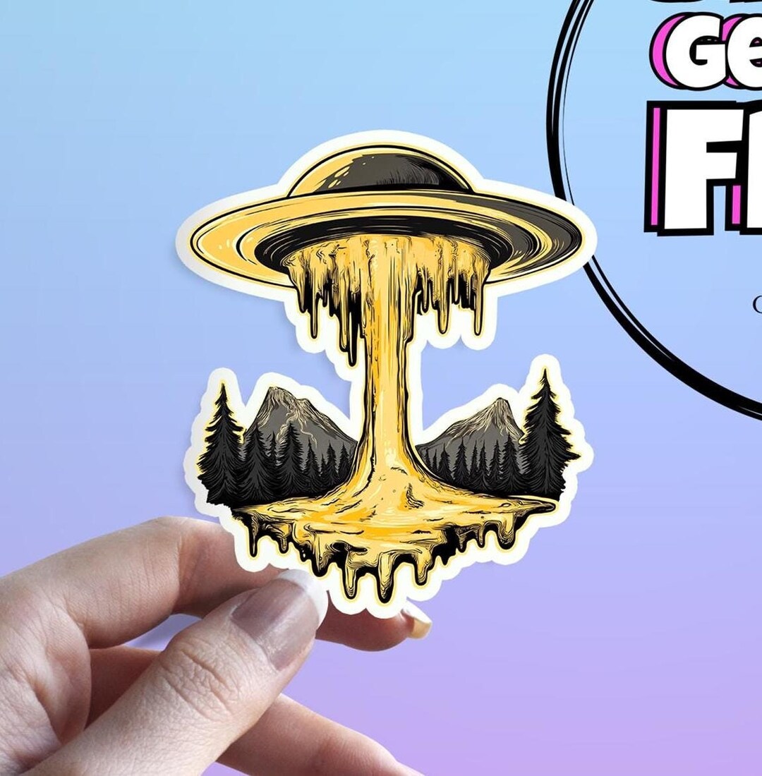 Melting UFO Sticker: Golden Yellow UFO Waterproof Alien Sticker Trippy ...
