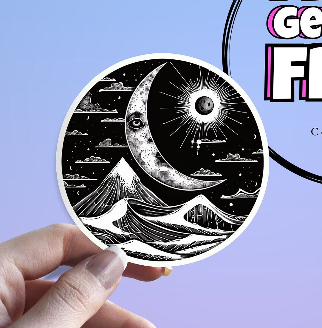 Crescent Moon Sticker: Trippy Night Sky Waterproof Surrealist Sticker ...