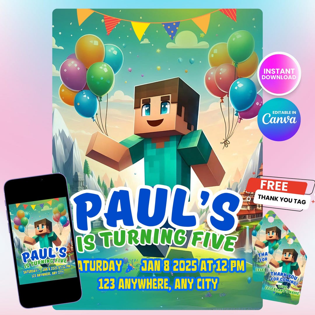 Invitación de Steve de Minecraft, fiesta de cumpleaños de Steve de ...