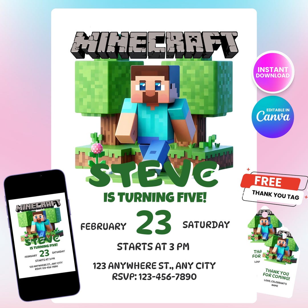 Editable Minecraft Birthday Invitation, Minecraft Birthday Invitation ...