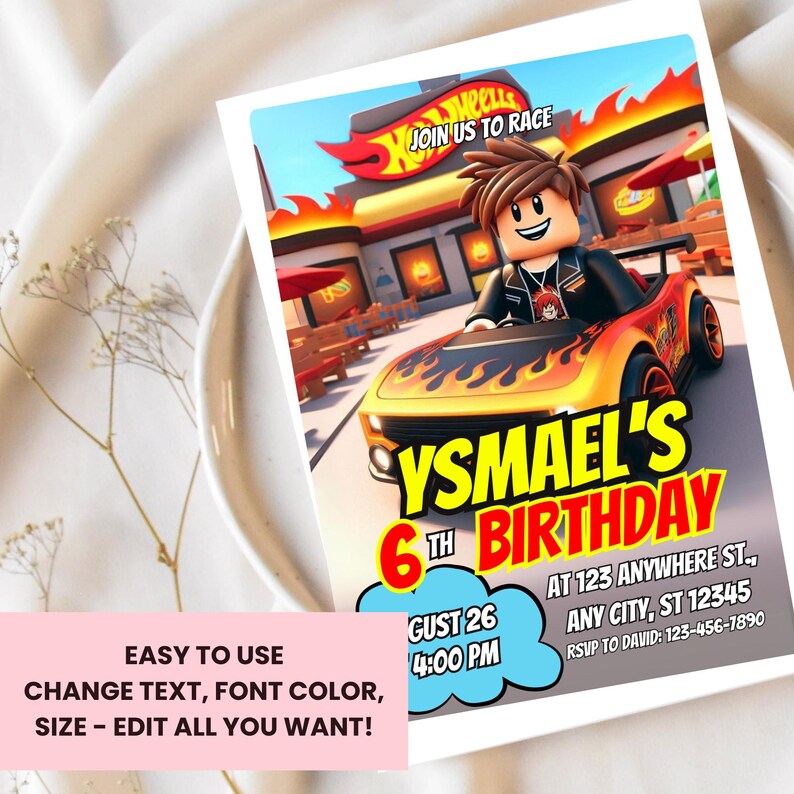 Hot Wheels Roblox Party Invitation, Roblox Car Hot Wheels Birthday Invitation, Roblox Car ...