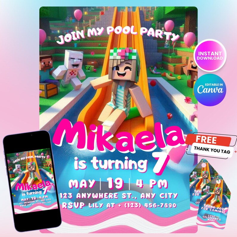 Minecraft Girl Pool Fun Birthday Invitation, Minecraft Girl Pool Party ...