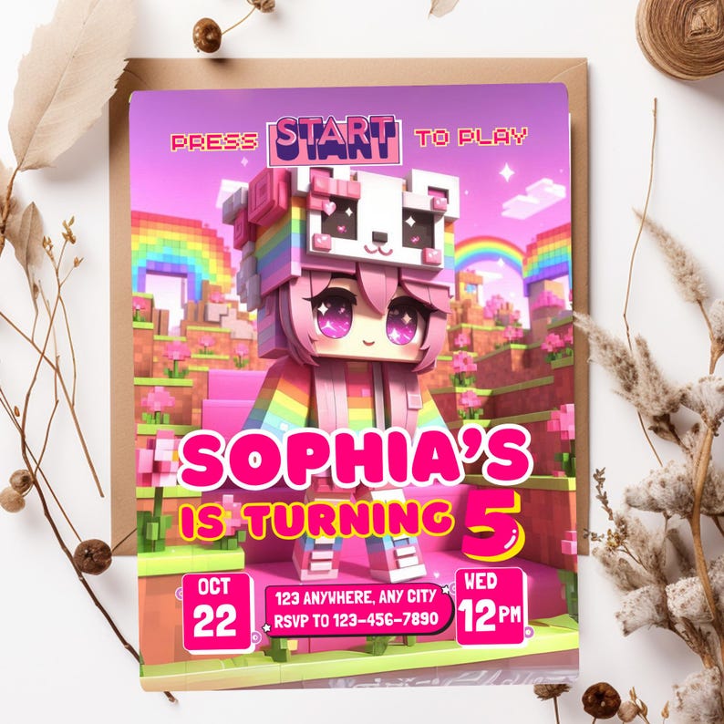 Minecraft Girl Birthday Invitation, Minecraft Birthday Invitation ...