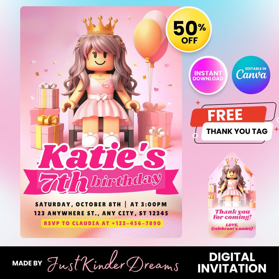 Kids Roblox Invitation Birthday Girl, Roblox Birthday Invitation ...