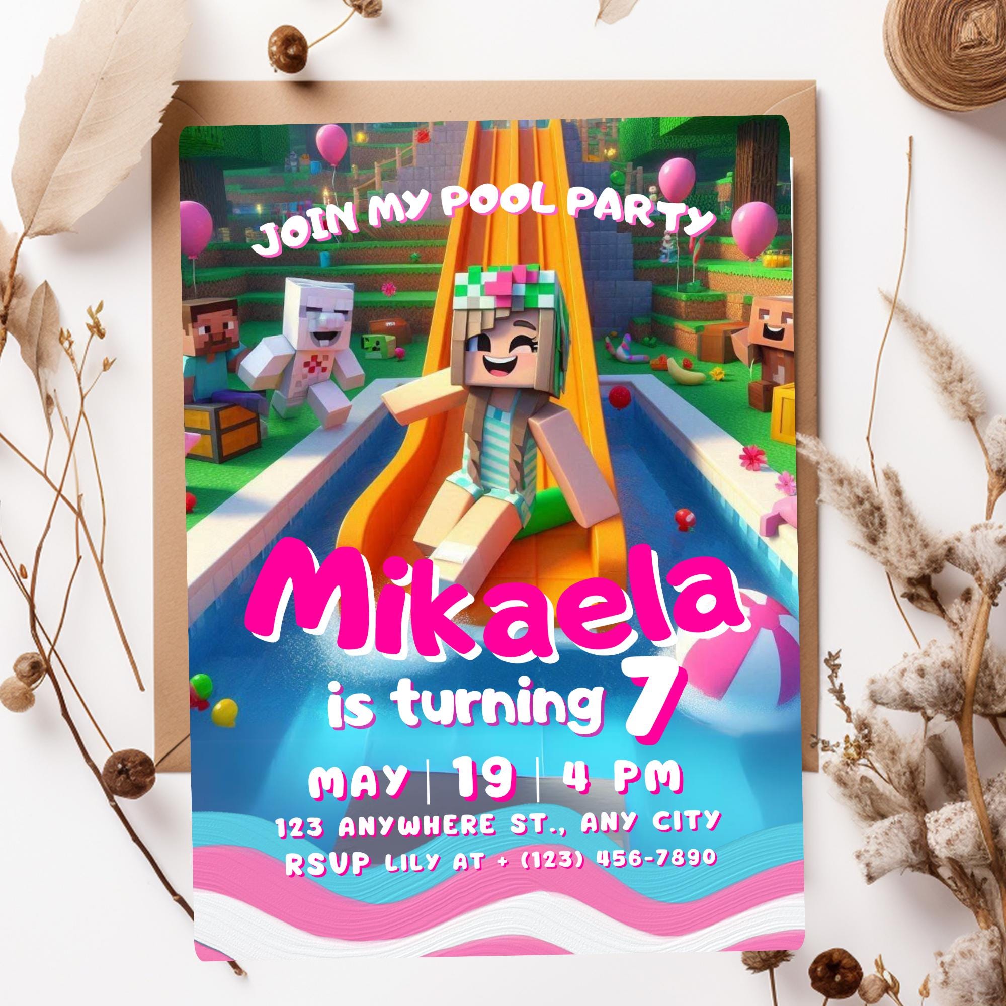 Minecraft Girl Pool Fun Birthday Invitation, Minecraft Girl Pool Party ...