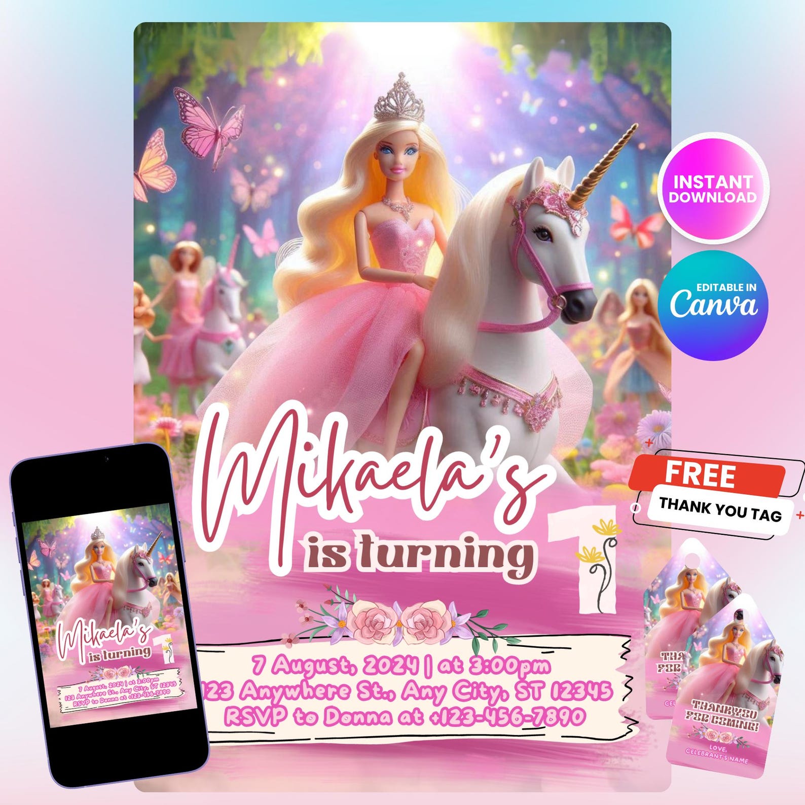 Editable Barbie Fashion Doll Birthday Invitation, Barbie Birthday ...