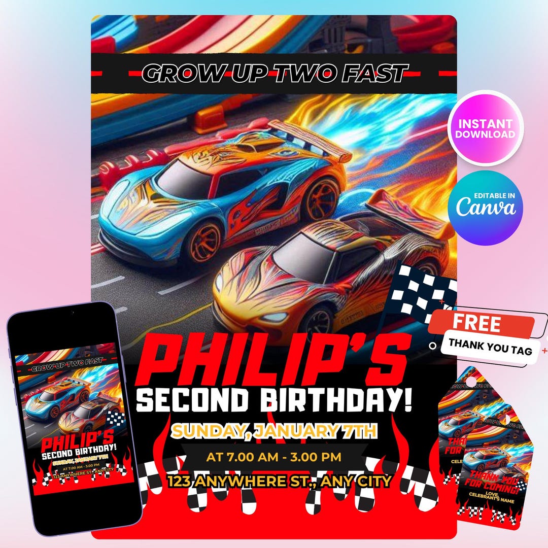 Hot Wheels Birthday Invitation, Car Birthday Party Invite, Race Car ...