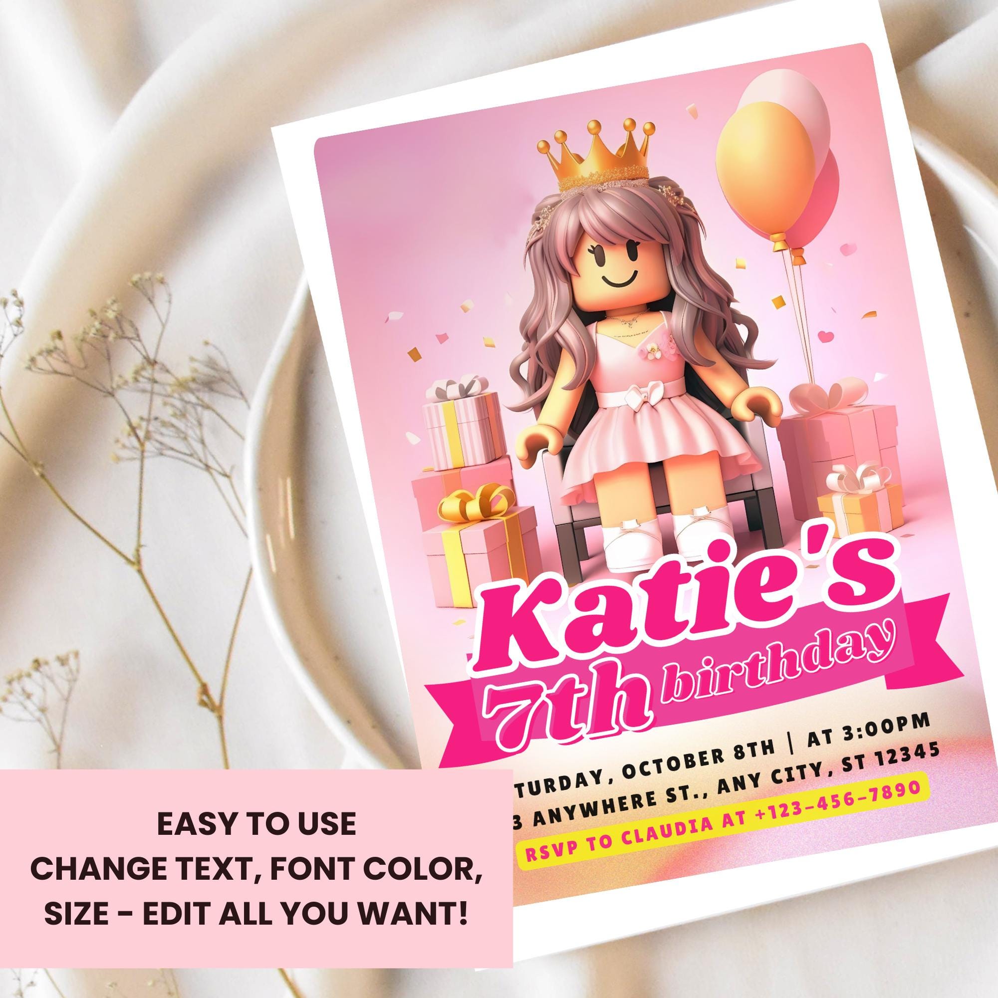 Kids Roblox Invitation Birthday Girl, Roblox Birthday Invitation ...