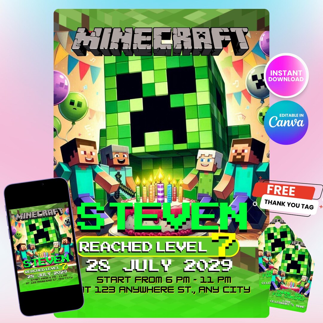 Editable Minecraft Birthday Invitation, Minecrafter Birthday ...
