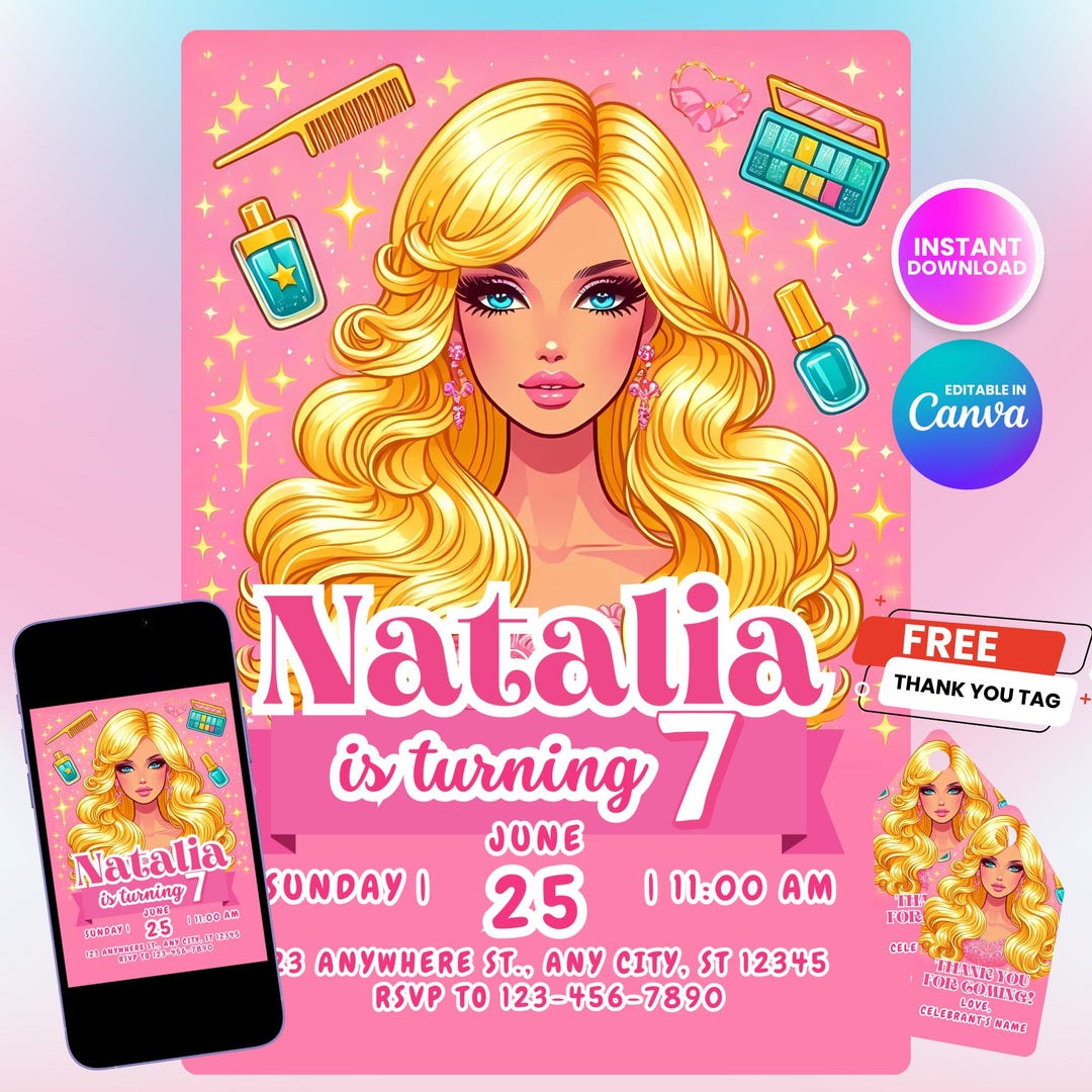 Fashion Barbie Doll Party Invite, Barbie Doll Party Invite, Barbie Doll ...