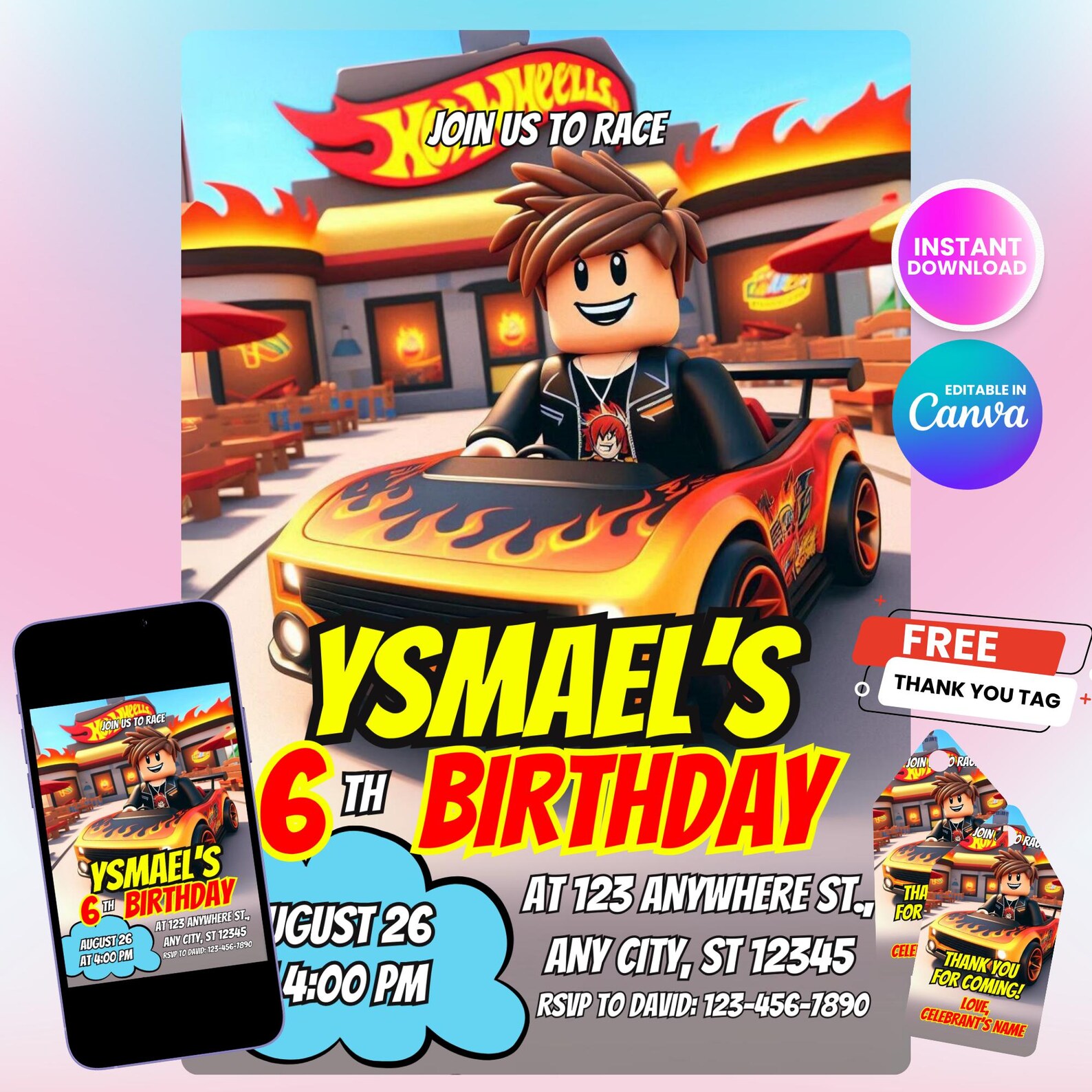 Hot Wheels Roblox Party Invitation, Roblox Car Hot Wheels Birthday Invitation, Roblox Car ...