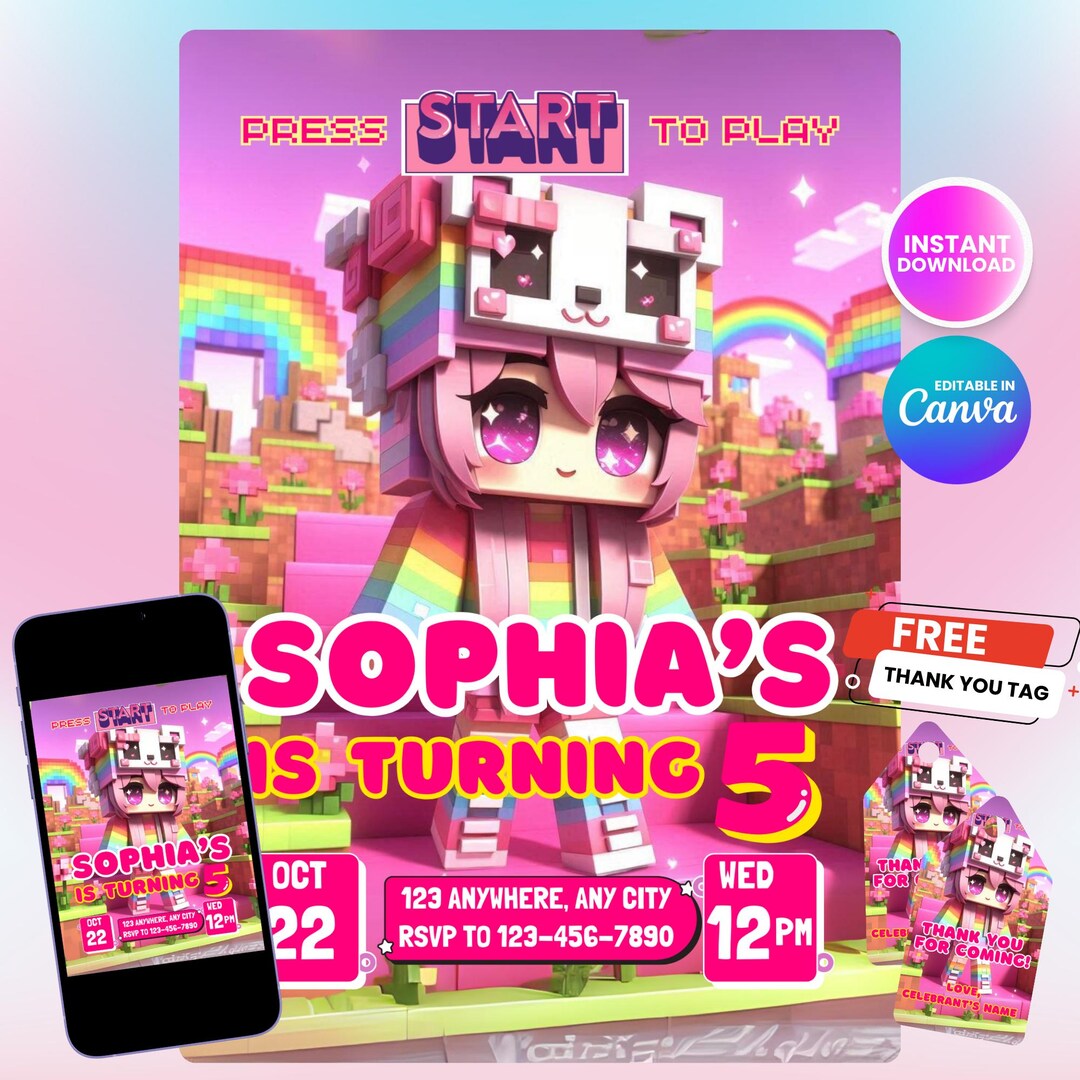 Minecraft Girl Birthday Invitation, Minecraft Birthday Invitation ...
