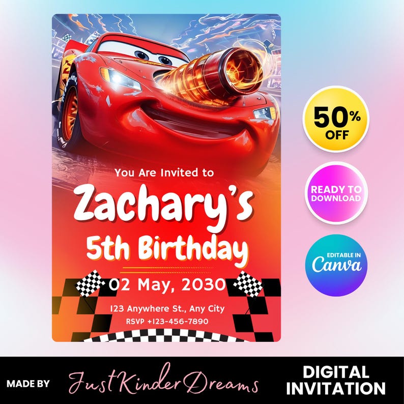 Editable Cars Race Birthday Invitation, Red Cars Mcqueen Birthday Party ...