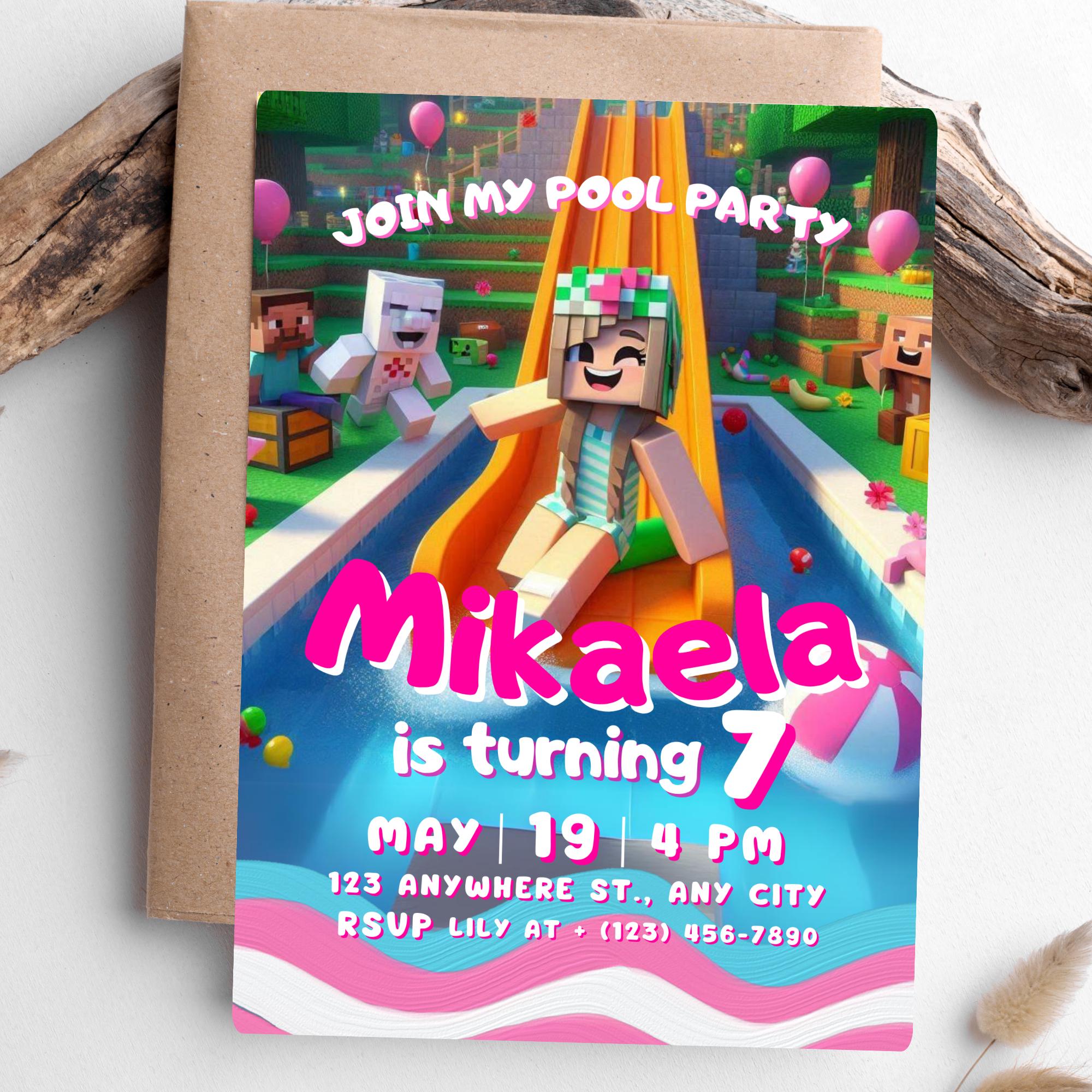 Minecraft Girl Pool Fun Birthday Invitation, Minecraft Girl Pool Party ...