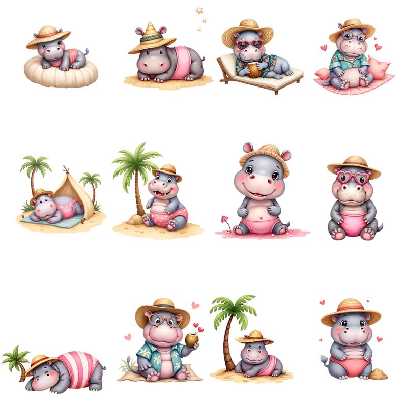Conjunto de 42 imágenes prediseñadas PNG de hipopótamo de verano para ...