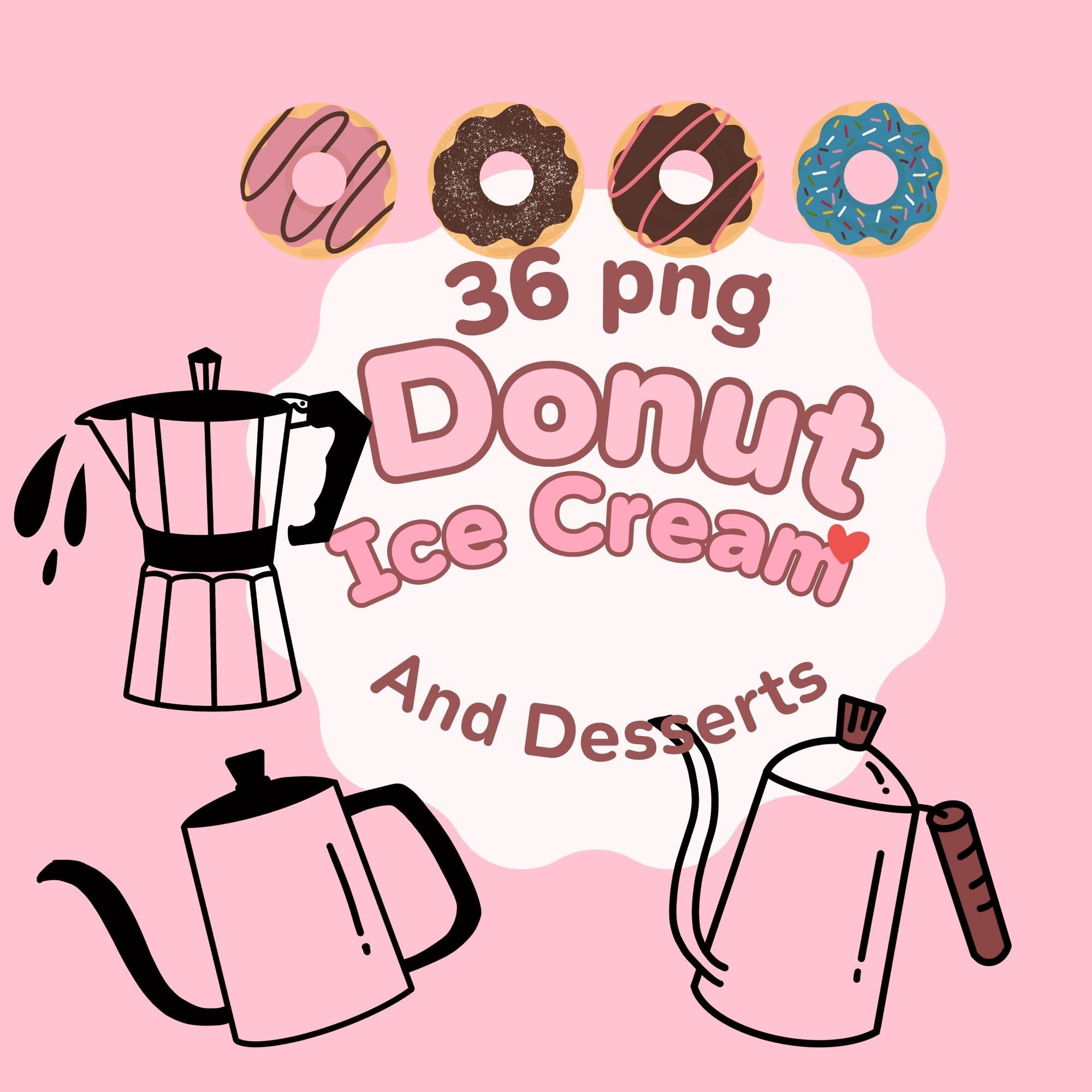 Kawaii Dessert Clipart - Ice Cream, Donut, Cake, Pancake, 36 Pieces ...