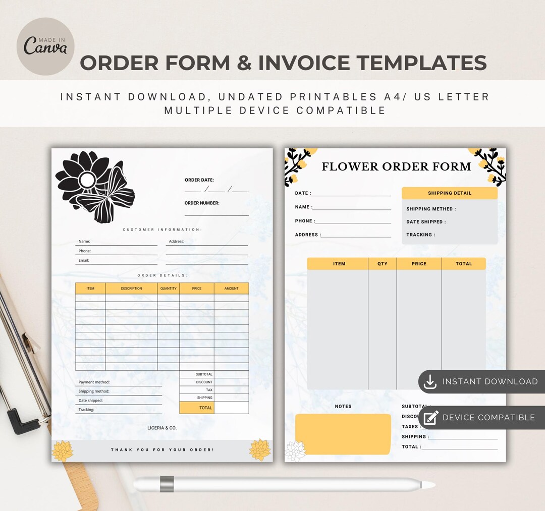 Flower Order Form and Invoice Templates, Printable Small Business Forms ...