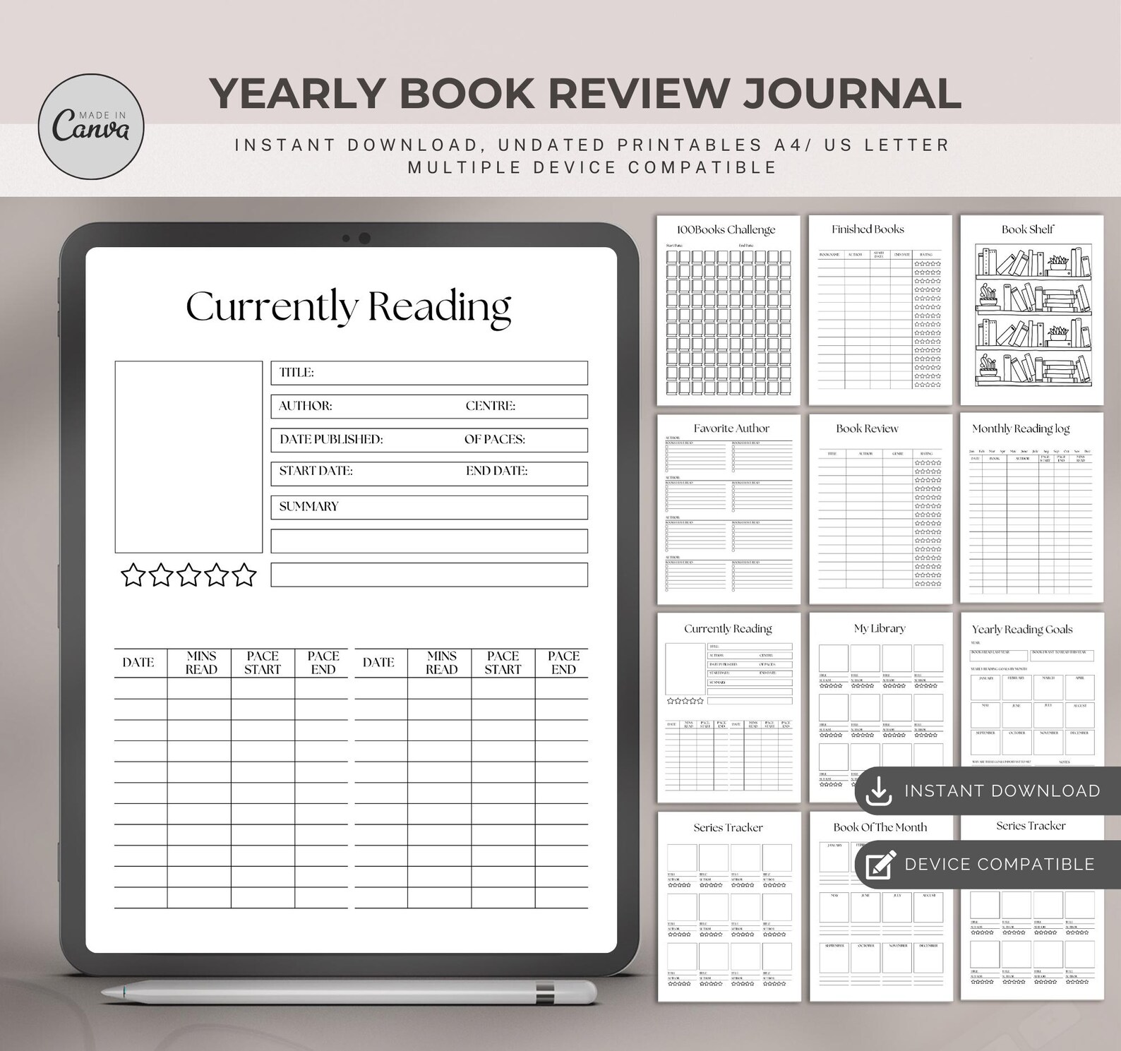 Printable Yearly Book Review Journal | Reading Log | Book Tracker ...
