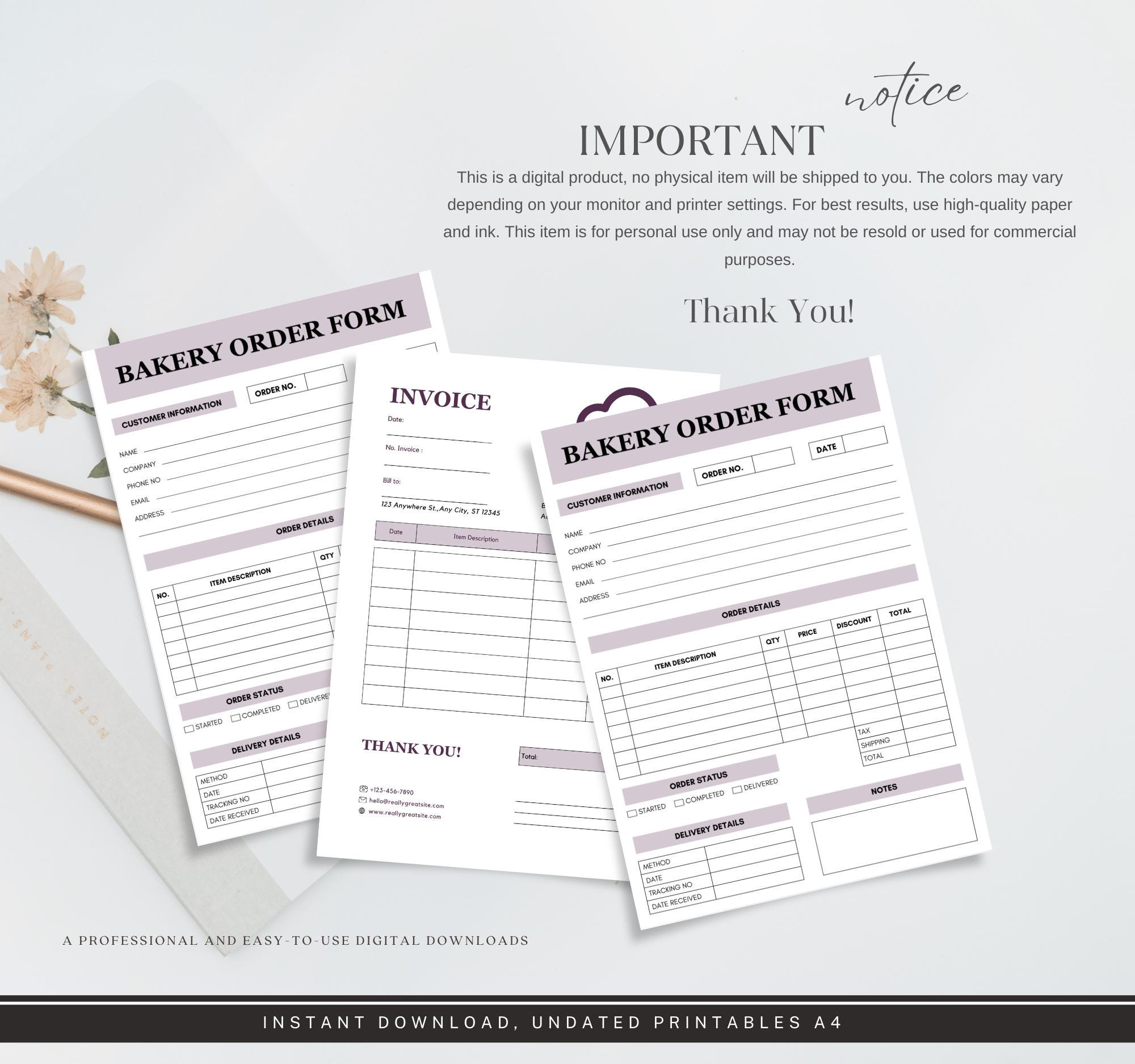 Bakery Order Forms and Invoice Templates, Printable Small Business ...
