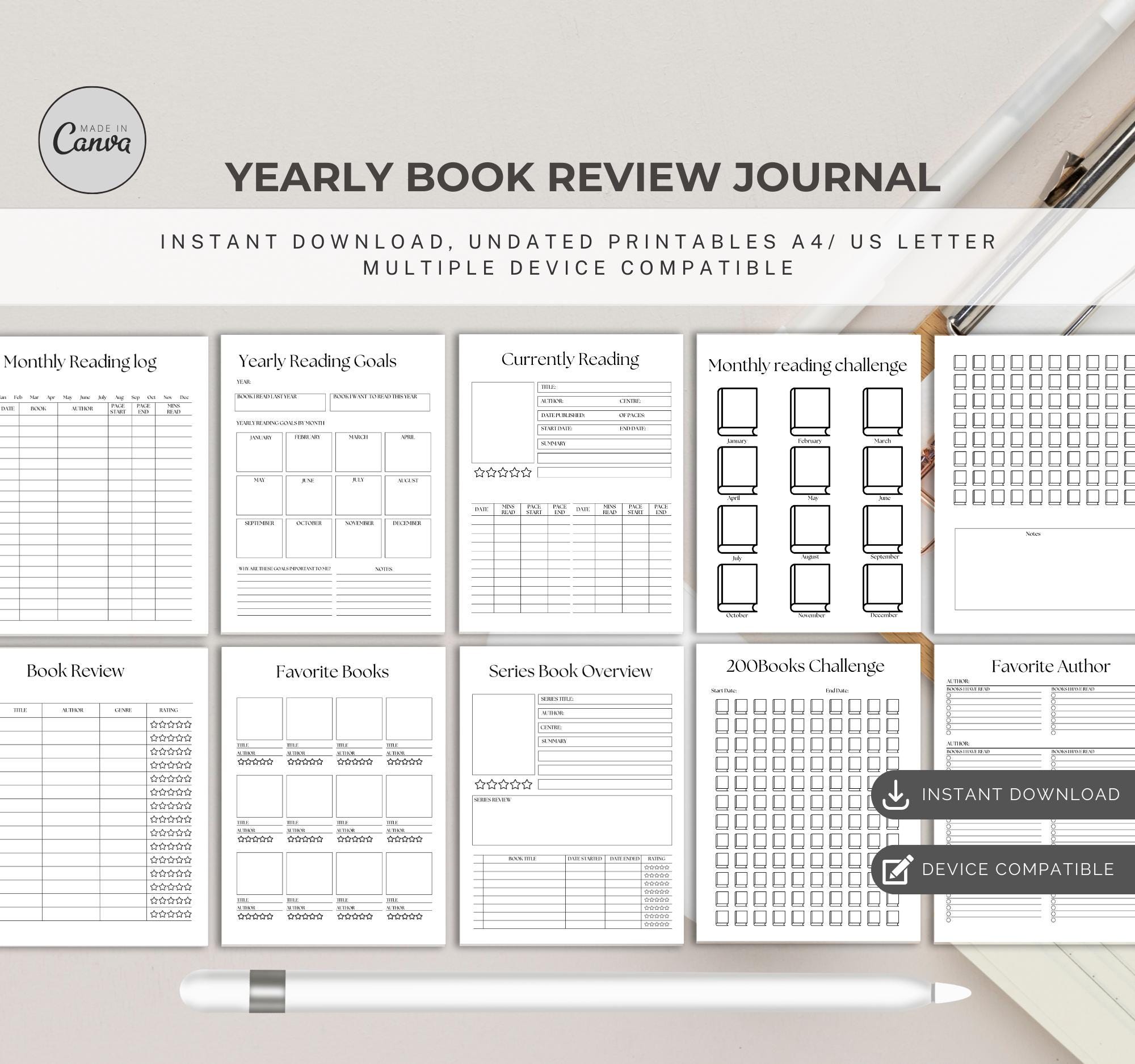 Printable Yearly Book Review Journal | Reading Log | Book Tracker ...