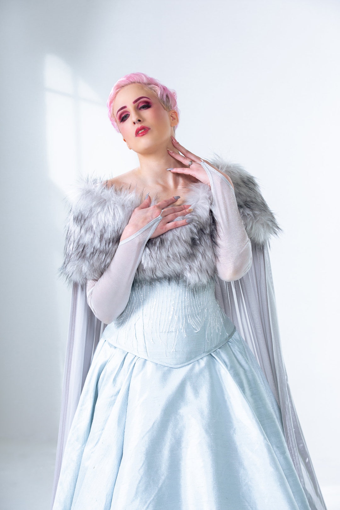 Winter Wedding Ice Viking Cape in Sheer Metallic Mesh With Faux Fur ...