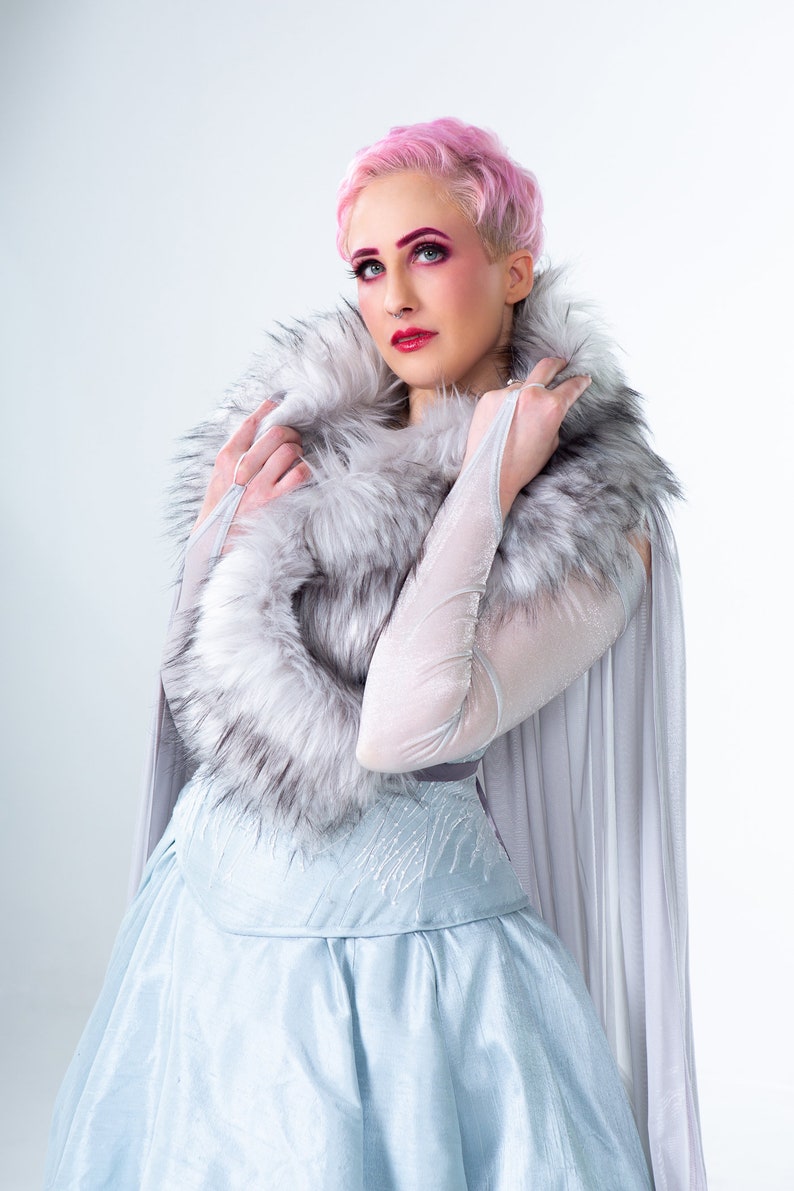 Winter Wedding Ice Viking Cape in Sheer Metallic Mesh With Faux Fur ...