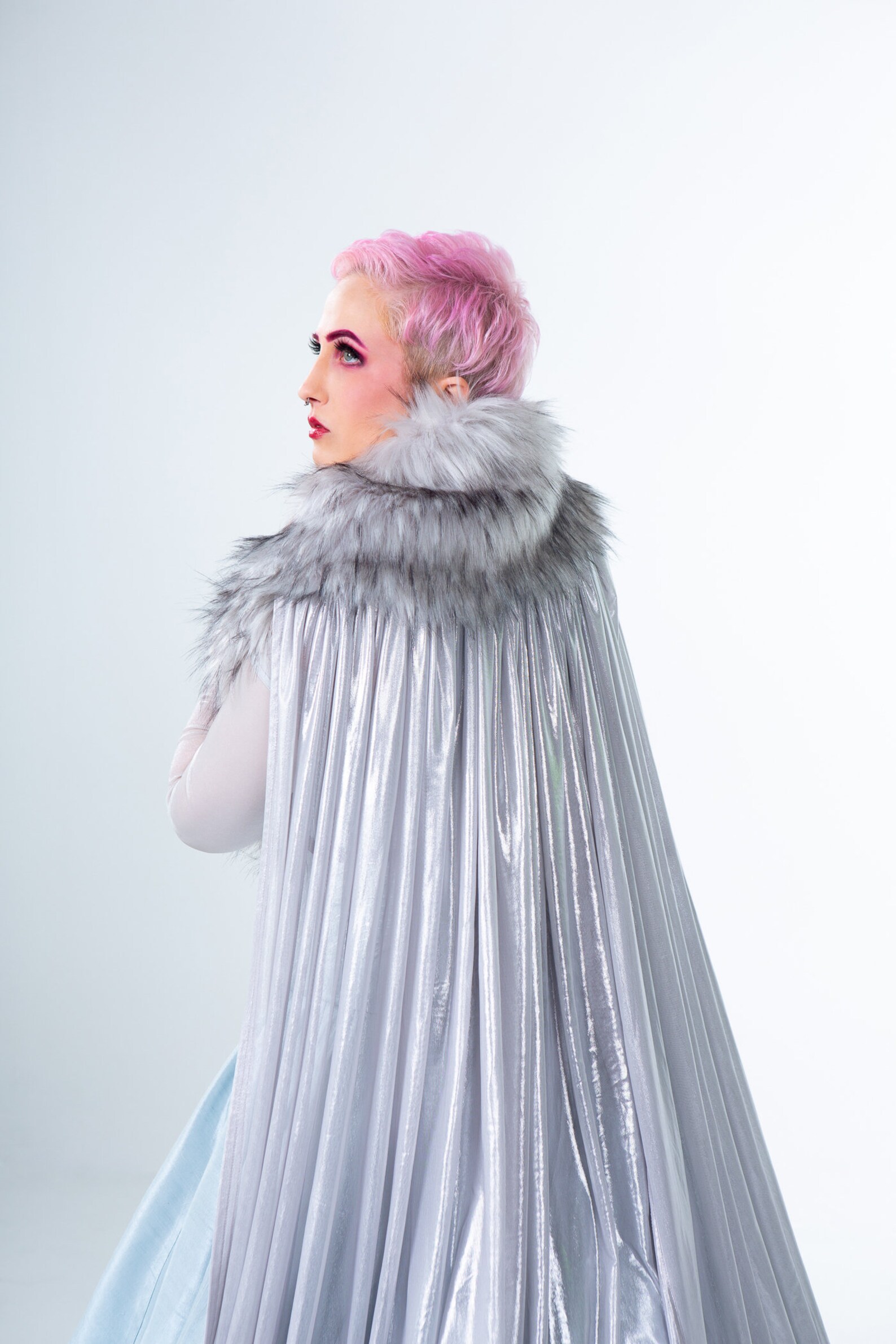 Winter Wedding Ice Viking Cape in Sheer Metallic Mesh With Faux Fur ...