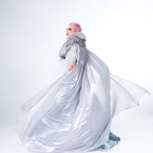 Winter Wedding Ice Viking Cape in Sheer Metallic Mesh With Faux Fur ...