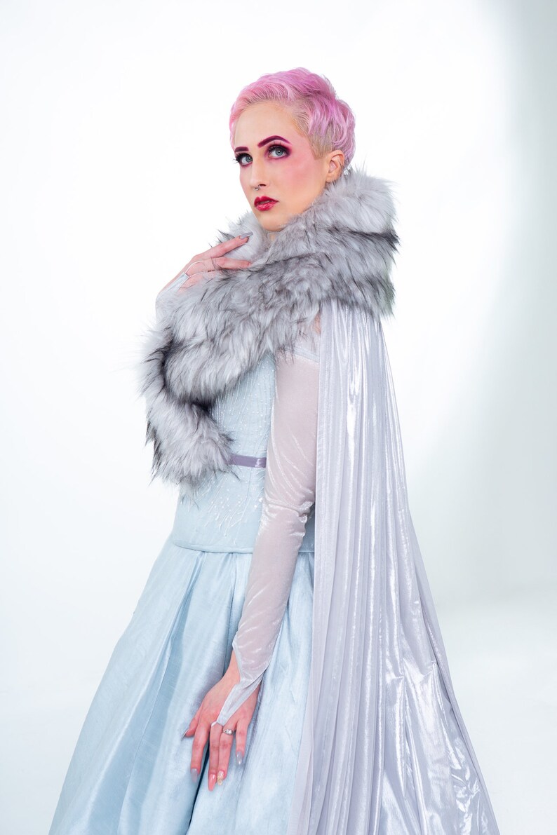 Winter Wedding Ice Viking Cape in Sheer Metallic Mesh With Faux Fur ...