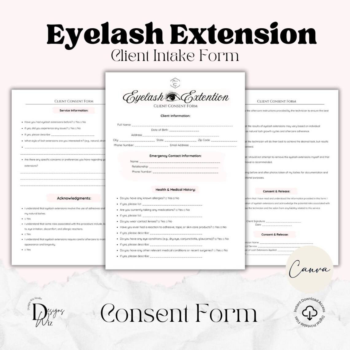 Consent Form for Eyelash Extension Client Intake Form Editable Simple ...