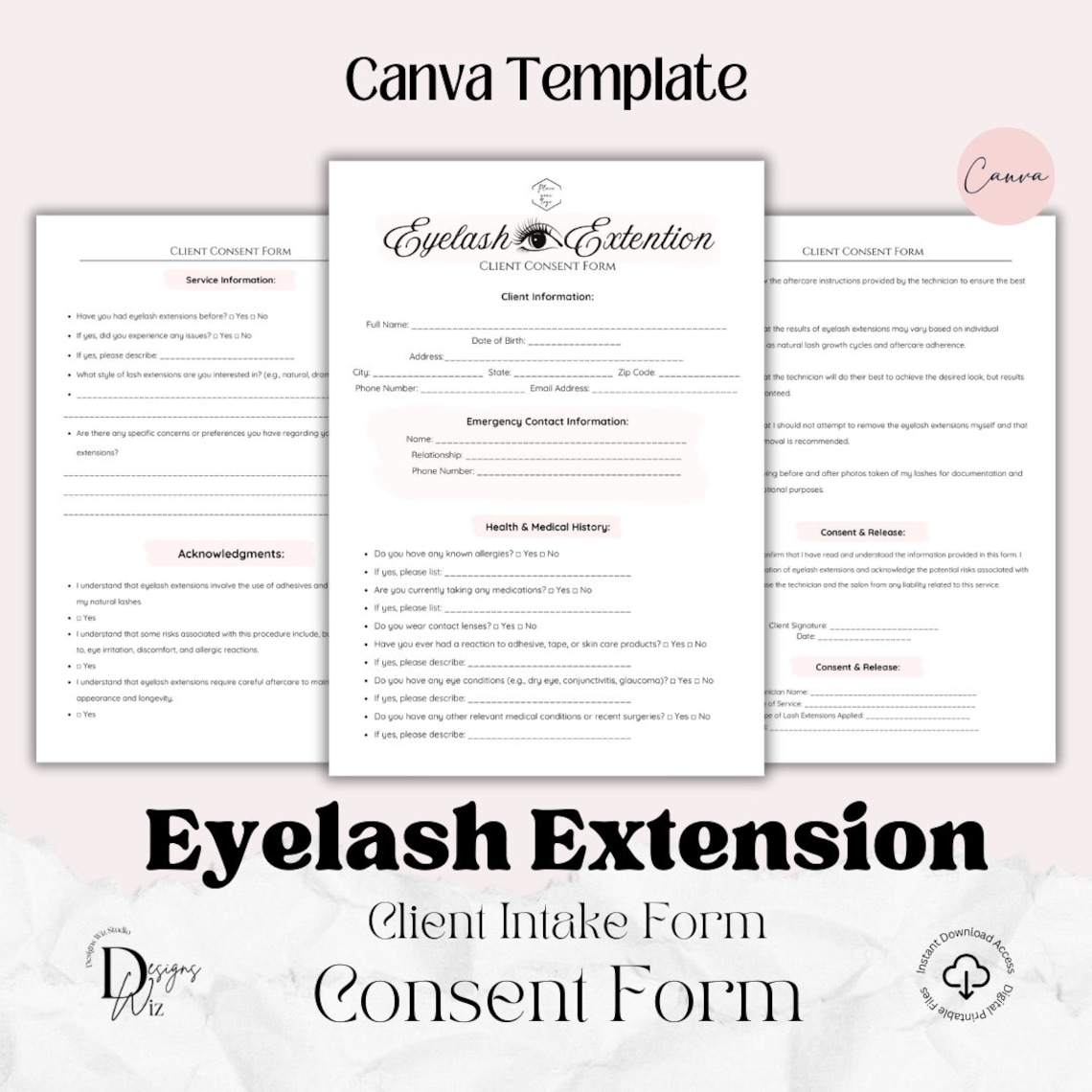 Consent Form for Eyelash Extension Client Intake Form Editable Simple ...