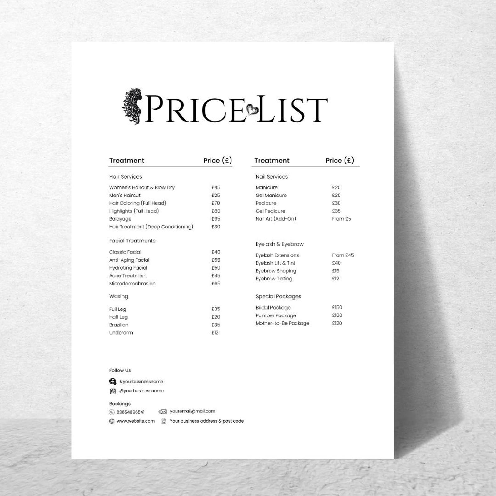 Editable Price List Template Salon Price Sheet Beauty Salon Pricing ...