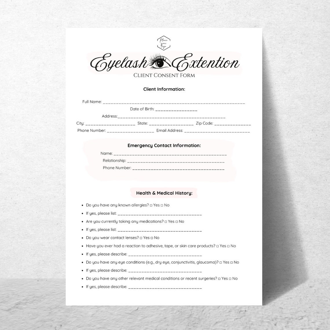 Consent Form for Eyelash Extension Client Intake Form Editable Simple ...