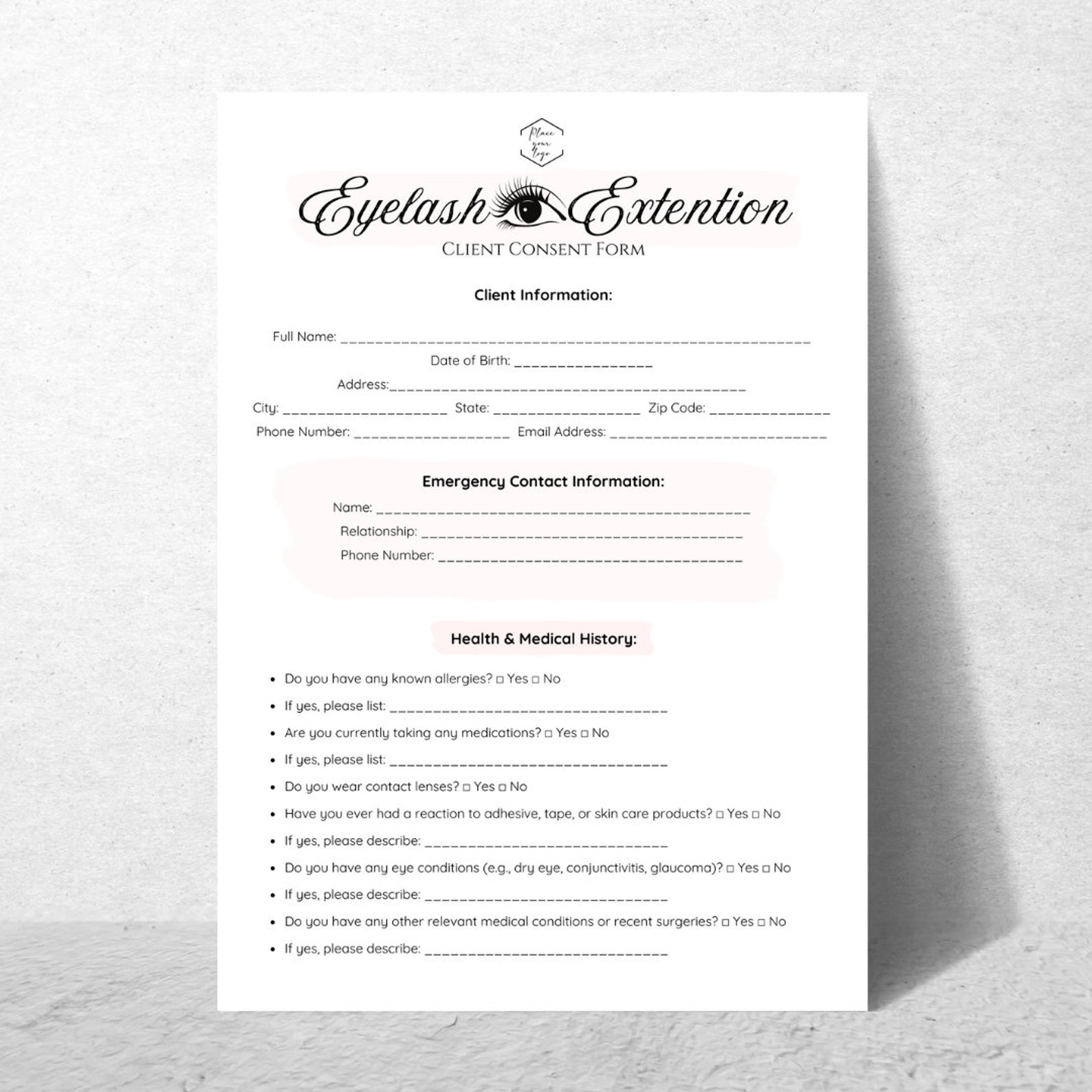 Consent Form for Eyelash Extension Client Intake Form Editable Simple ...