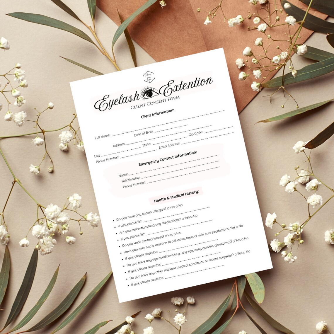 Consent Form for Eyelash Extension Client Intake Form Editable Simple ...
